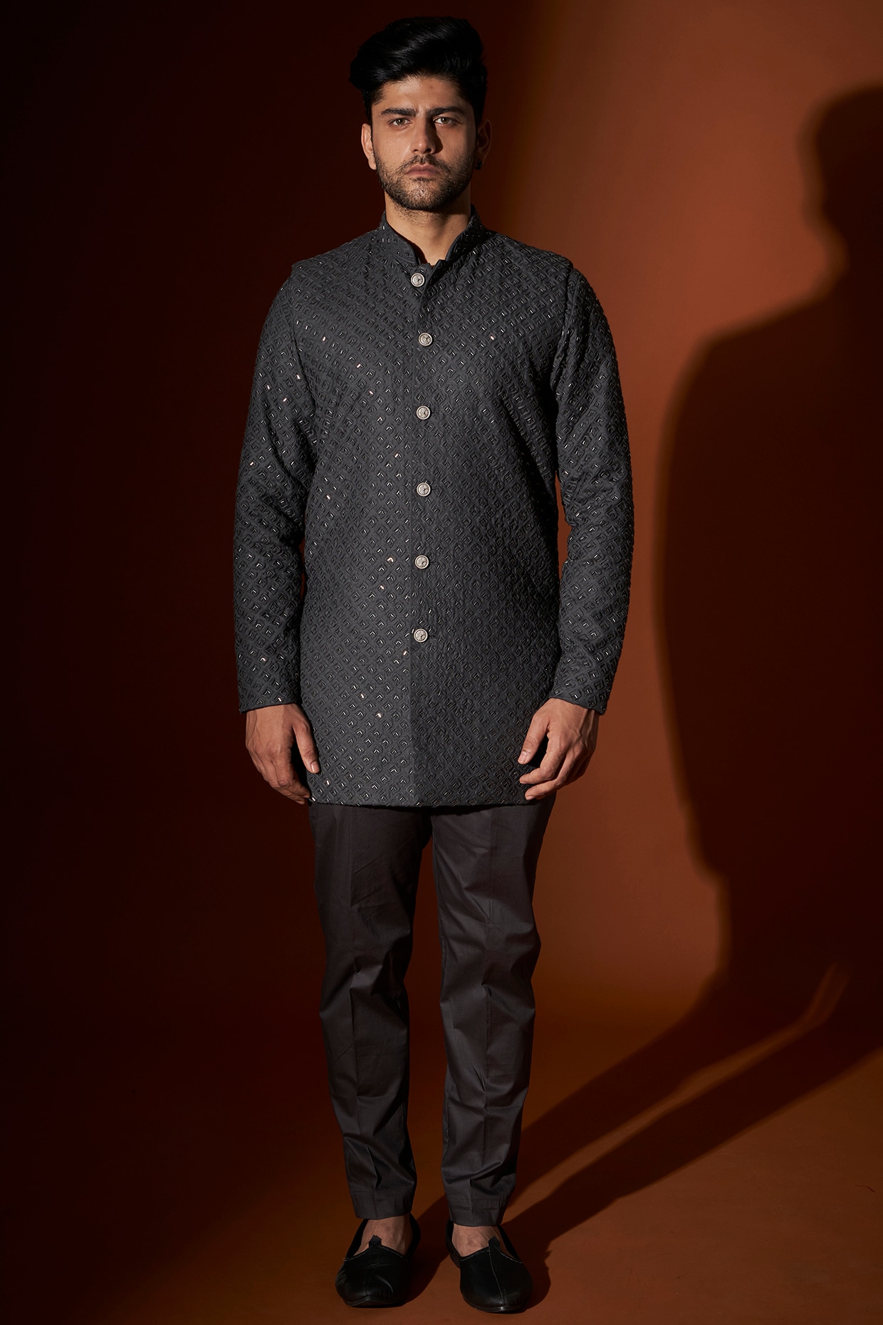 Steel Grey Hand Embroidered Bundi Jacket With Pant Set by KAAJ Button ...