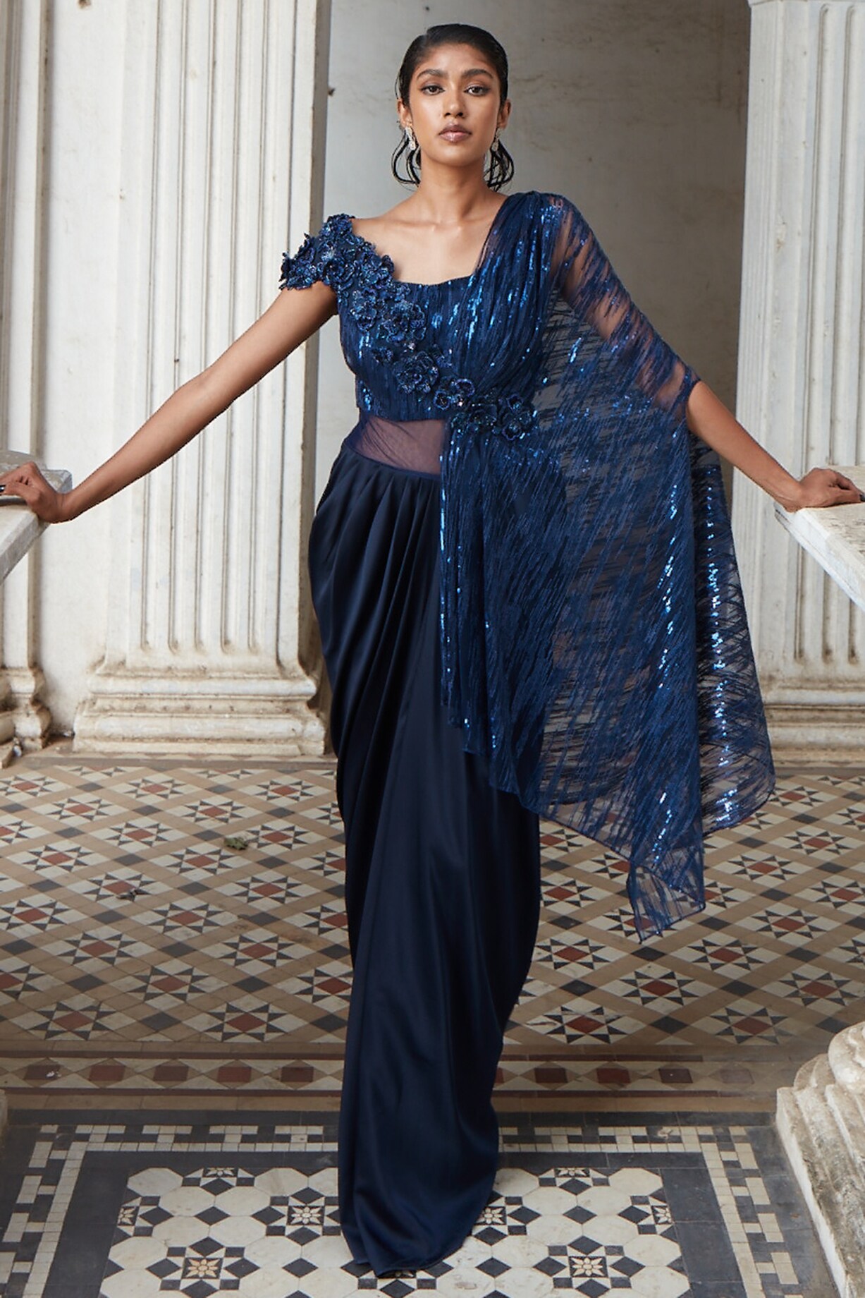 Navy Blue Hand Embroidered Draped Saree by Kamaali Couture at Pernia's ...