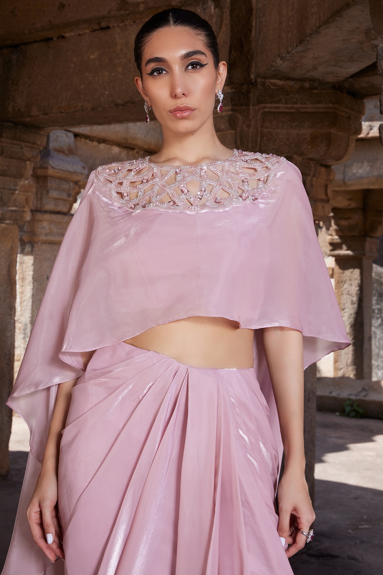 Rose Pink Organza Pearl Embellished Draped Skirt Set by Kamaali Couture ...