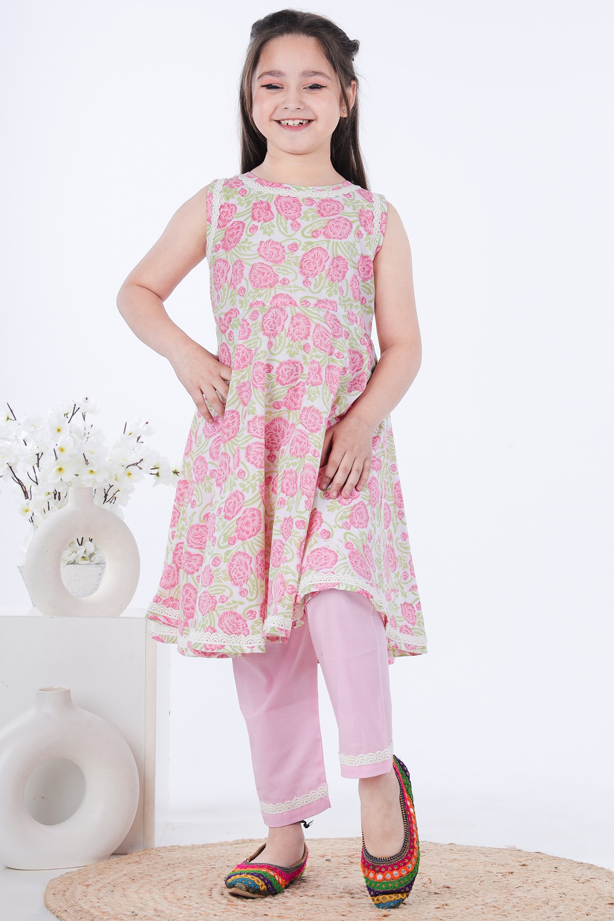 Pink Cotton Hand Block Printed Anarkali Kurta Set For Girls by KALP at ...