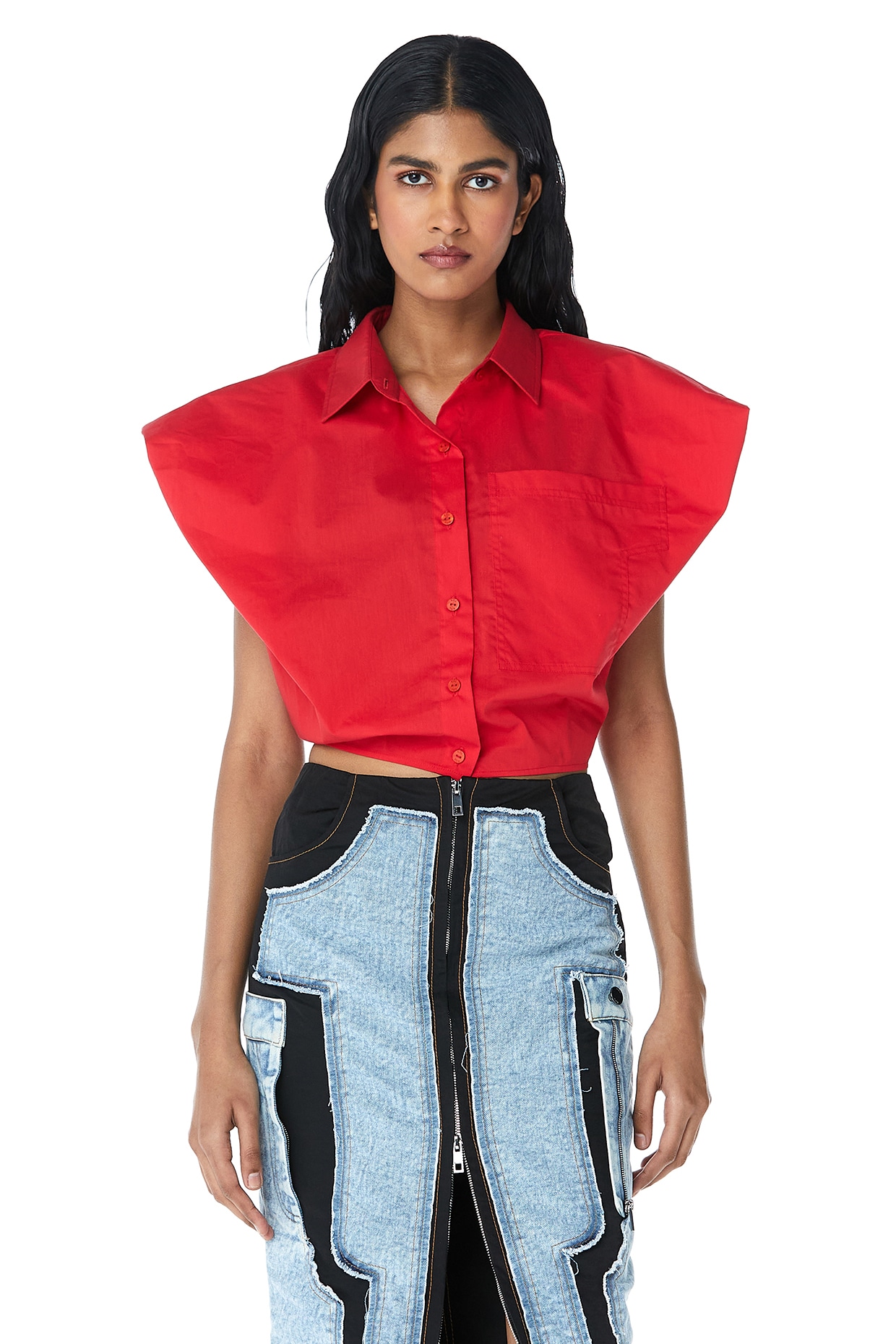 Red Cotton Cropped Shirt by Kanika Goyal at Pernia's Pop Up Shop 2025