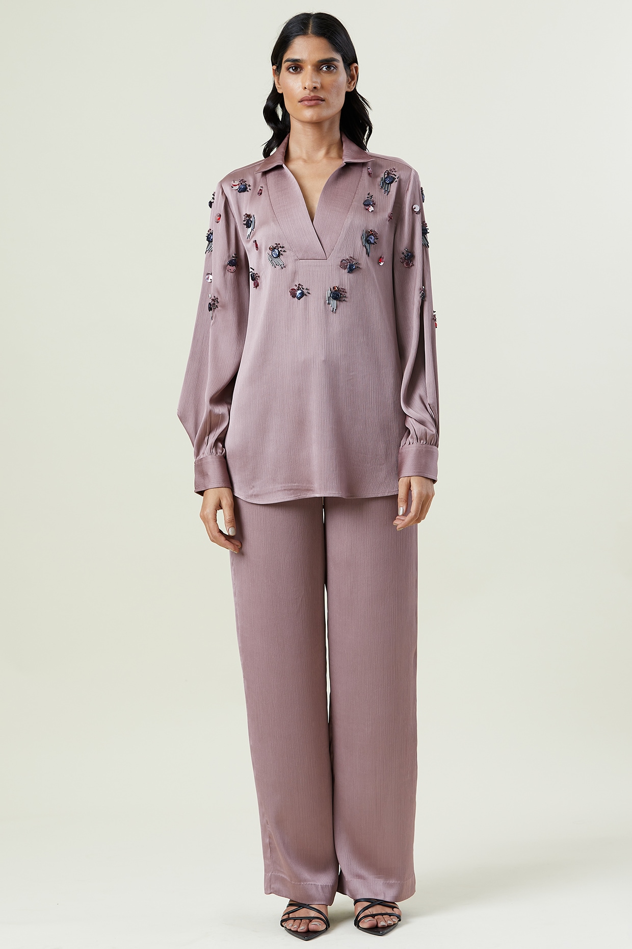 Dusty Pink Polyester Hand Embellished Co-Ord Set by Kanika Goyal at ...