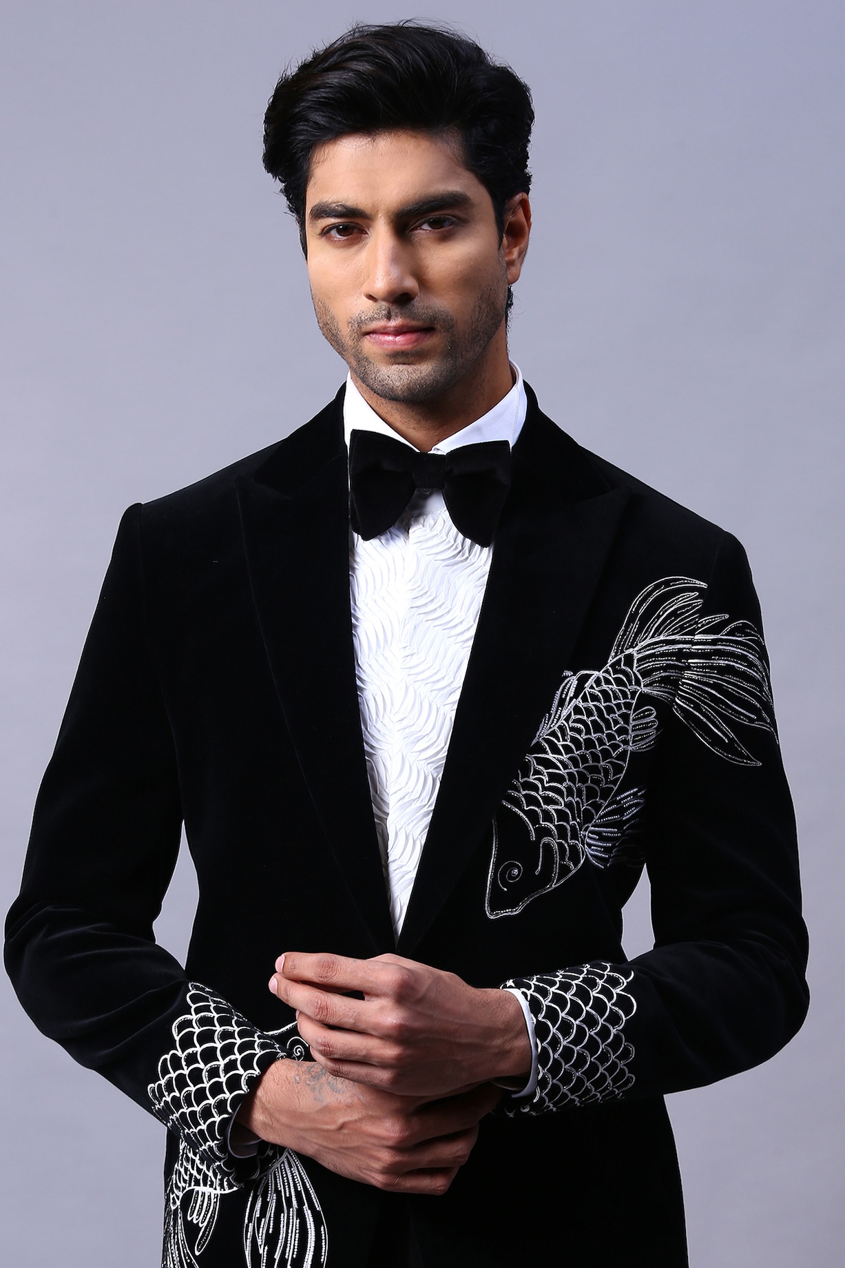 Black Velvet Hand Embroidered Tuxedo Set by Kanishk Mehta Designs at ...