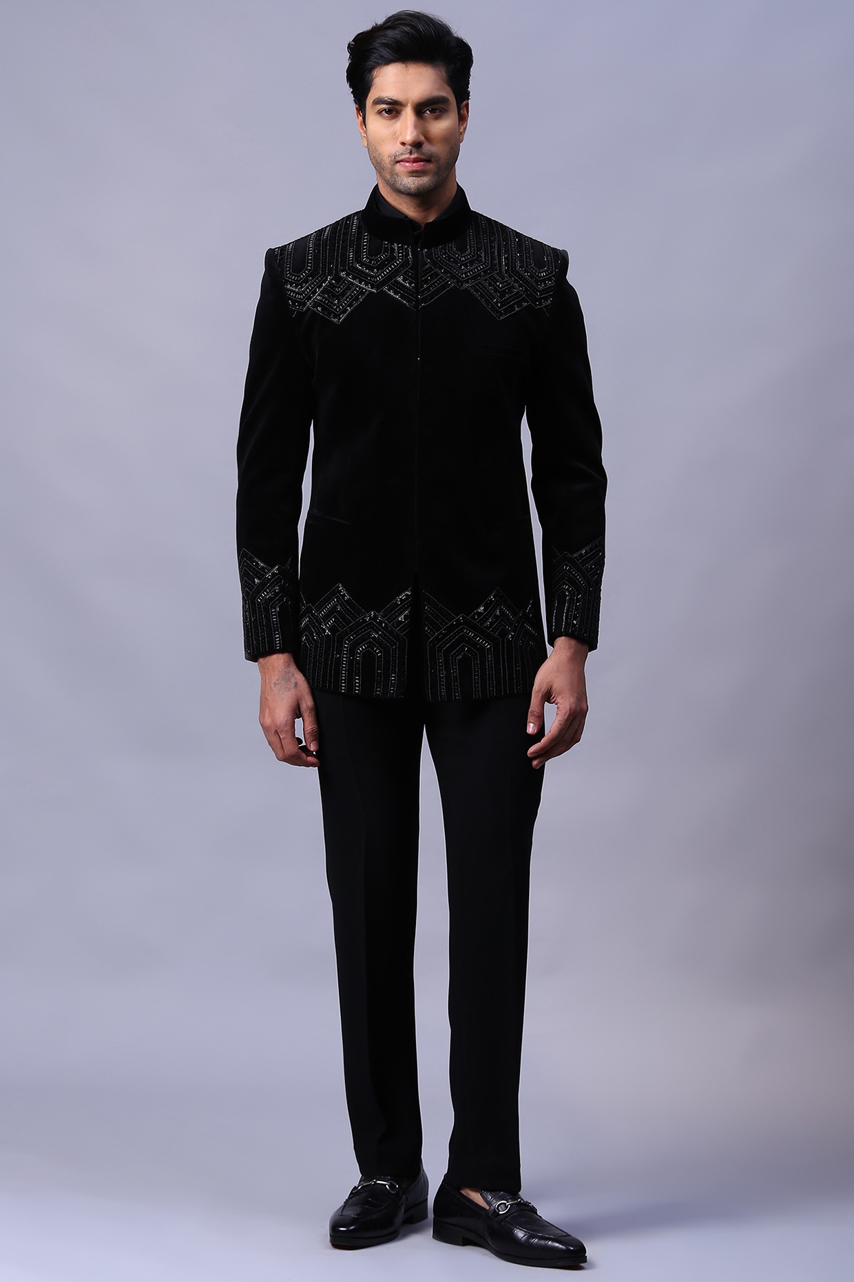 Black Silk Hand Embroidered Bandhgala Set by Kanishk Mehta Designs at ...