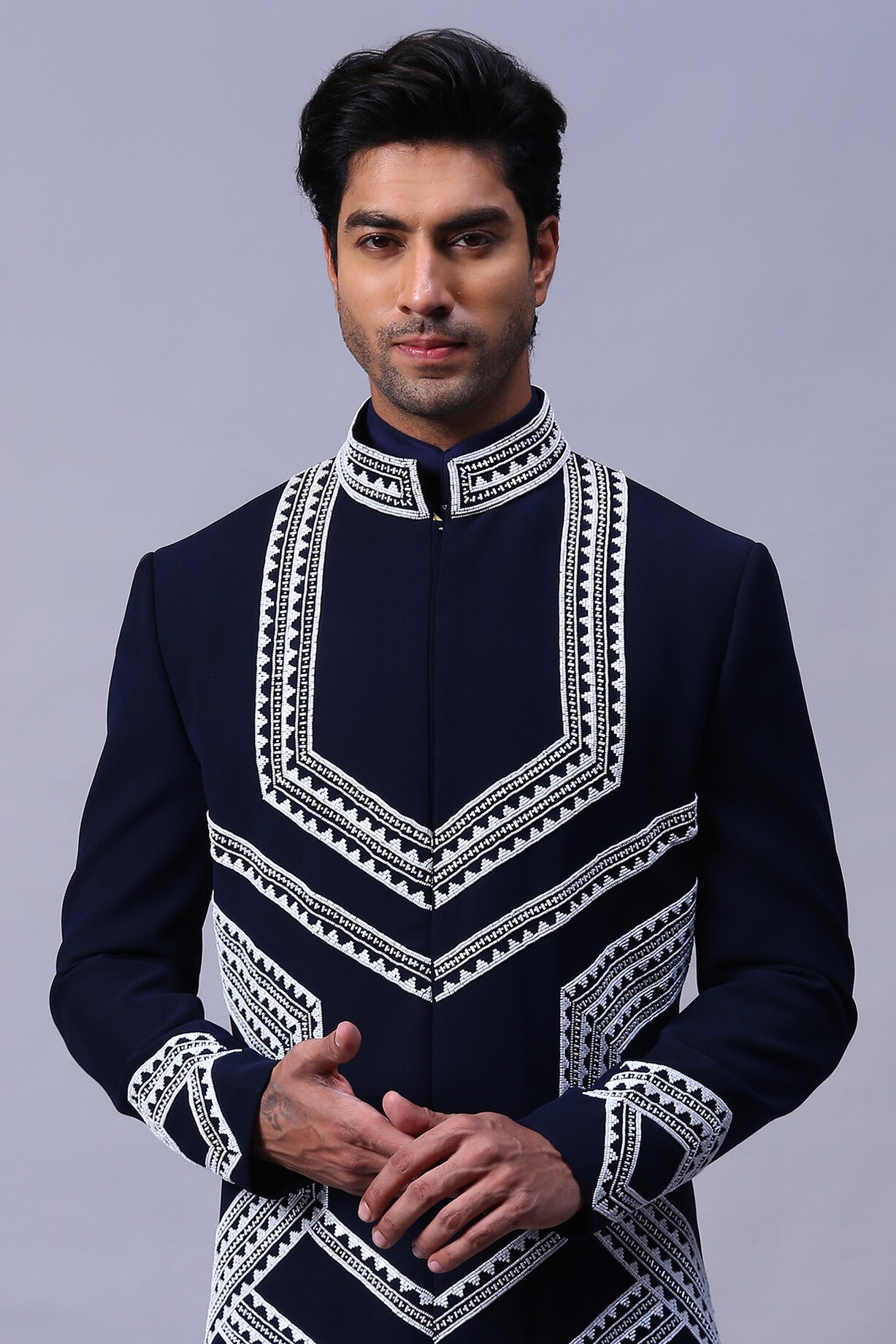 Blue Silk Nalki Embroidered Indo-Western Set by Kanishk Mehta Designs ...