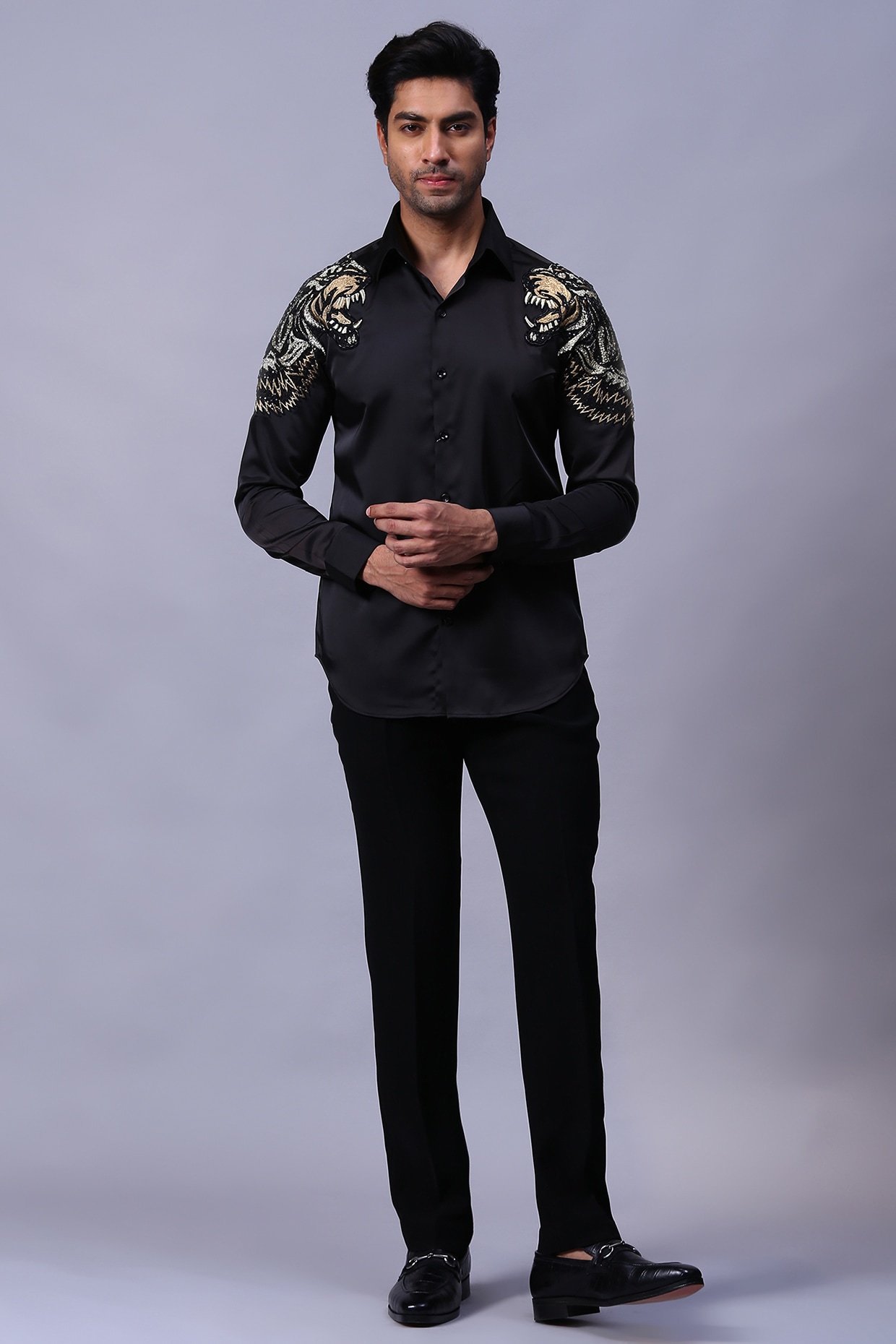 Black Pure Cotton Embroidered Shirt by Kanishk Mehta Designs at Pernia ...