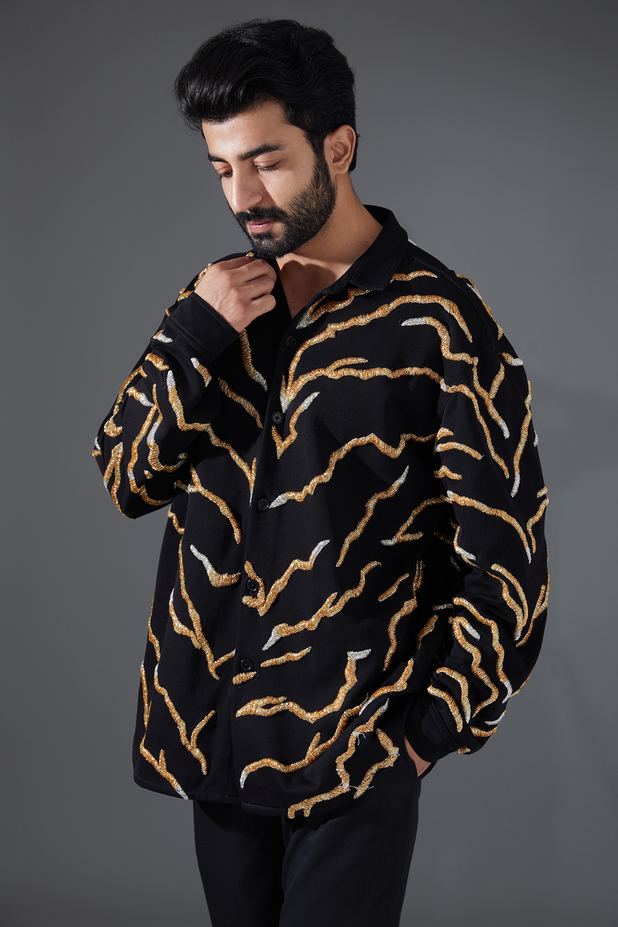 Black Denim Embroidered Shacket by Kanishk Mehta Designs at Pernia's ...