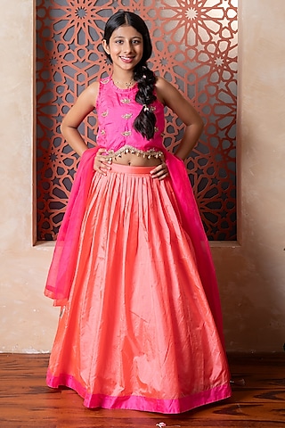 Orange Pure Silk & Organza Lehenga Set For Girls by Kirti Agarwal Pret ...