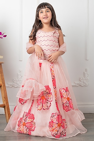 Pink Silk Floral & Applique Embroidered Lehenga Set For Girls by Kirti ...