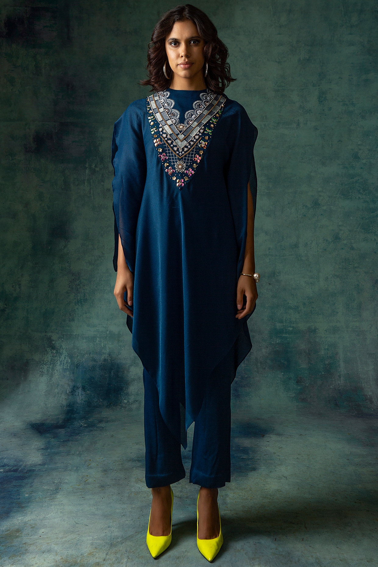 Navy Blue Embroidered Kaftan Set by Kaprapan By Anaita Shah at Pernia's ...