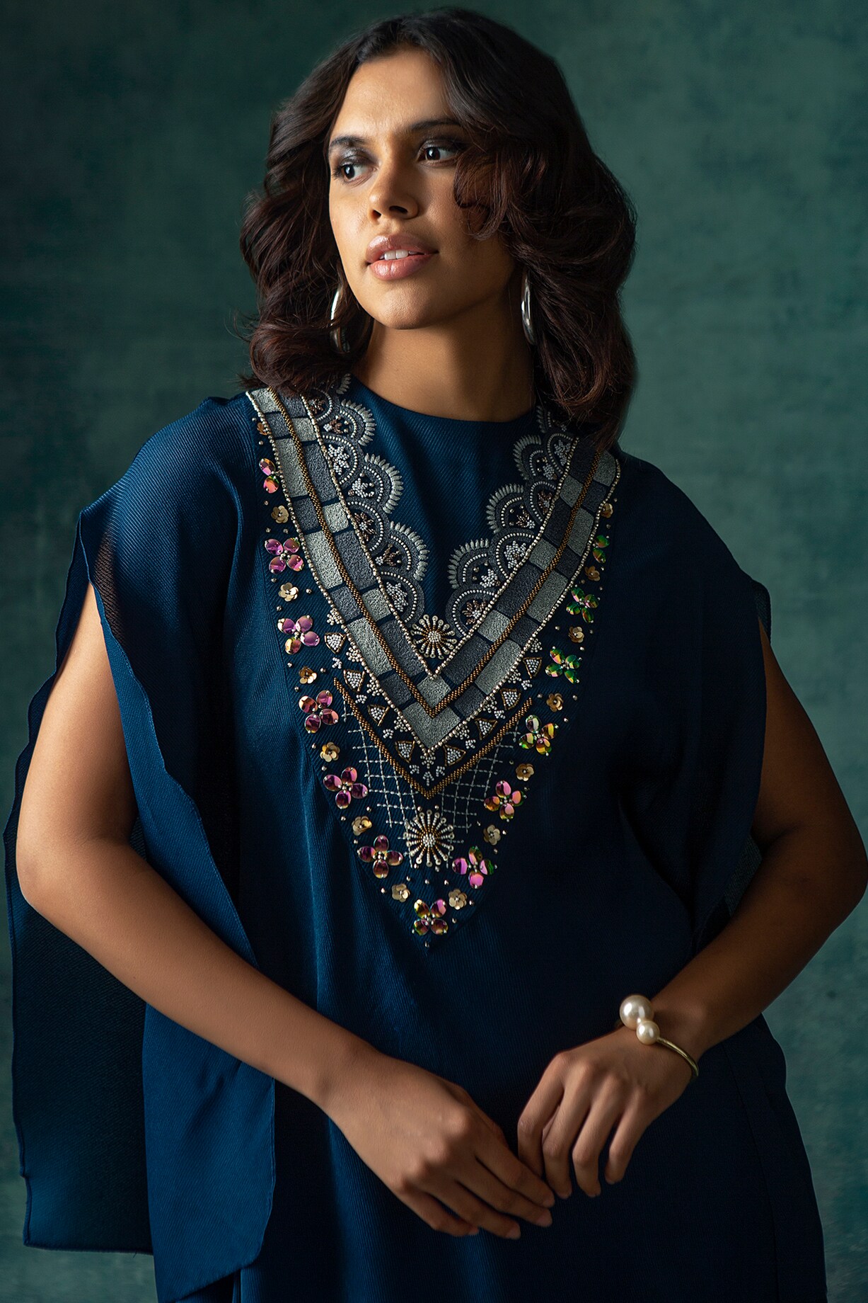 Navy Blue Embroidered Kaftan Set by Kaprapan By Anaita Shah at Pernia's ...