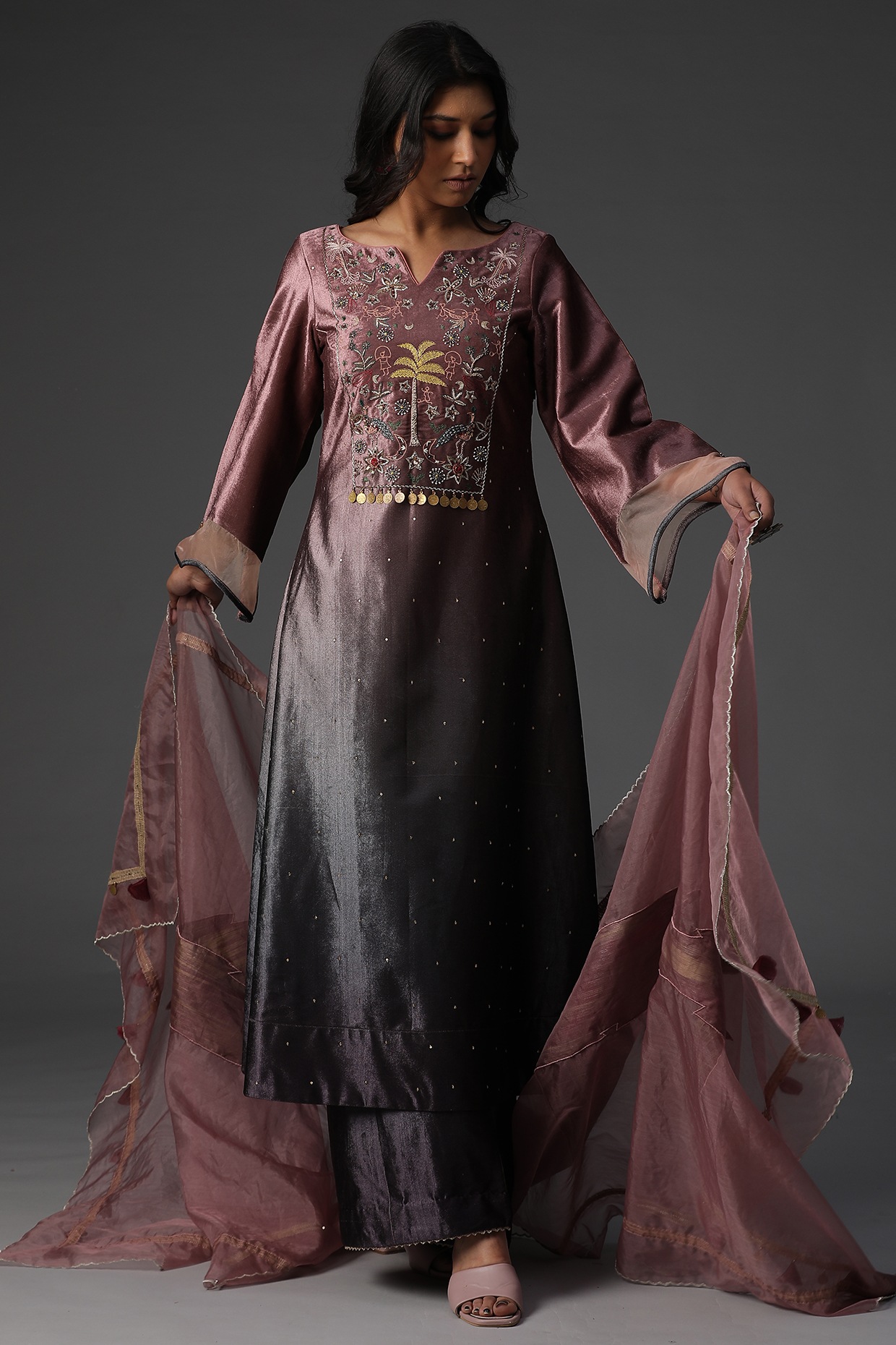 Brown Ombre Velvet Embroidered Kurta Set by Arpita Sulakshana at Pernia ...