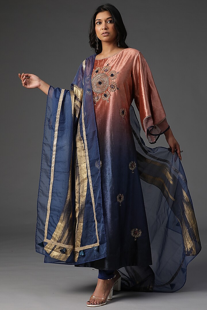 Pink Ombre Velvet Embroidered Kurta Set by Arpita Sulakshana at Pernia ...