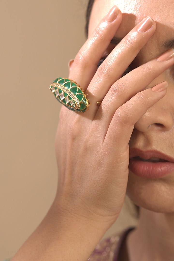 Gold Plated Polki Two Finger Ring by Kaari at Pernia's Pop Up Shop 2025