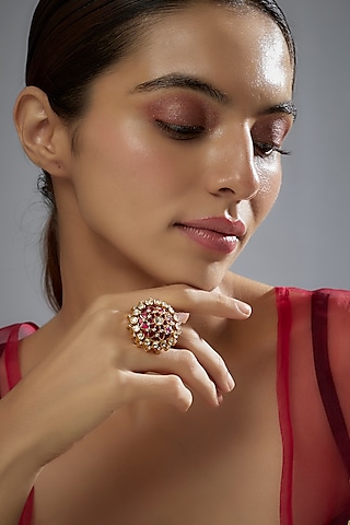 Gold Plated Red Kundan Polki Ring In Sterling Silver by KARISA DESIGNS at Pernia's Pop Up Shop 2025