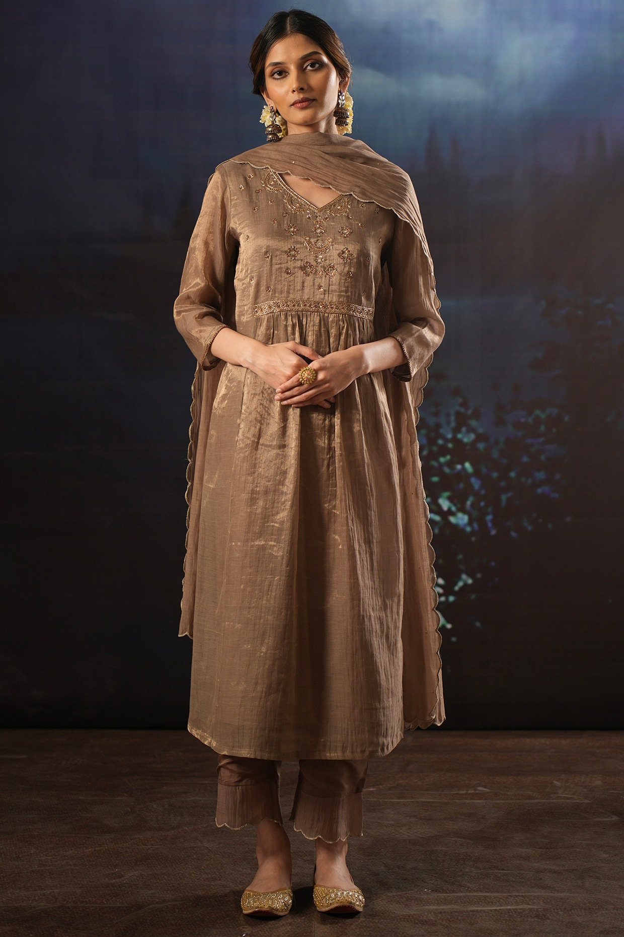 Mocha Handwoven Tissue Silk Embroidered Kurta Set by Karnya at Pernia's ...