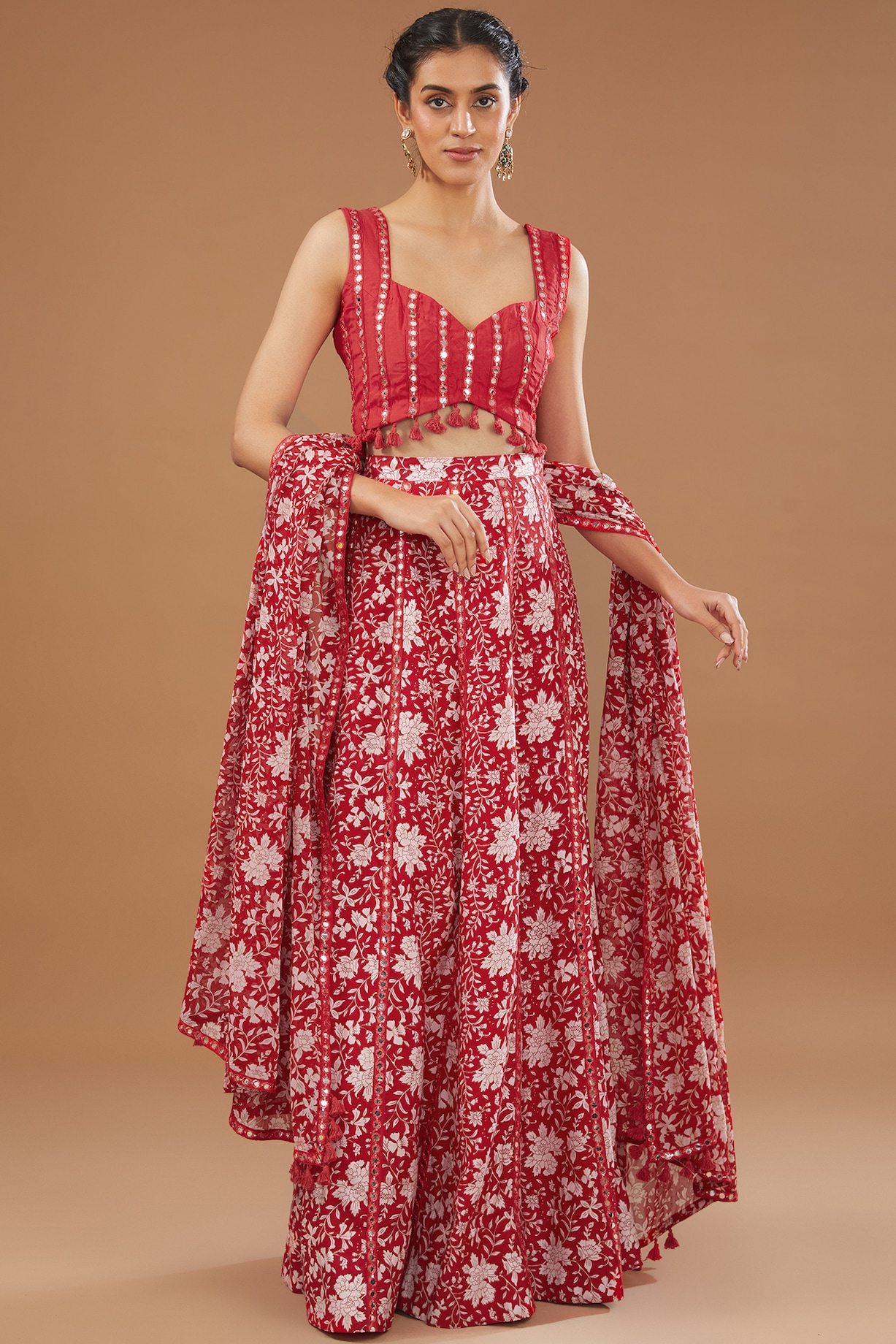 Cherry Red Silk & Georgette Floral Printed Lehenga Set by Kalakaari By ...