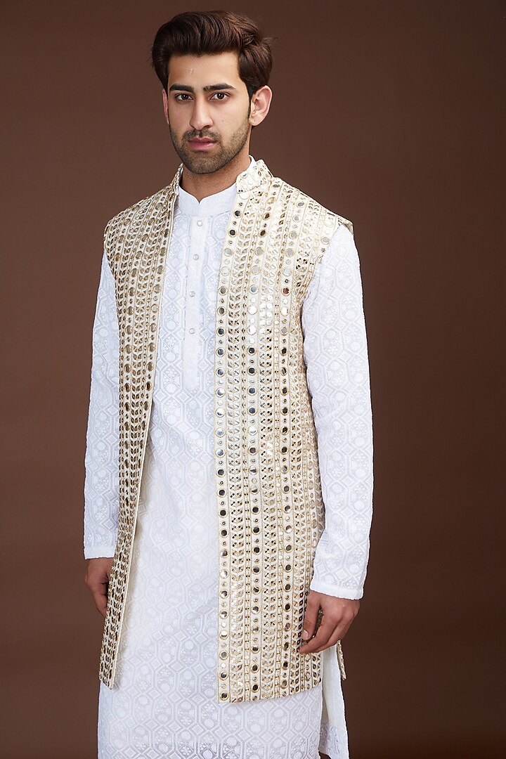Gold Georgette Thread Embroidered Indowestern Jacket By Kasbah Clothing