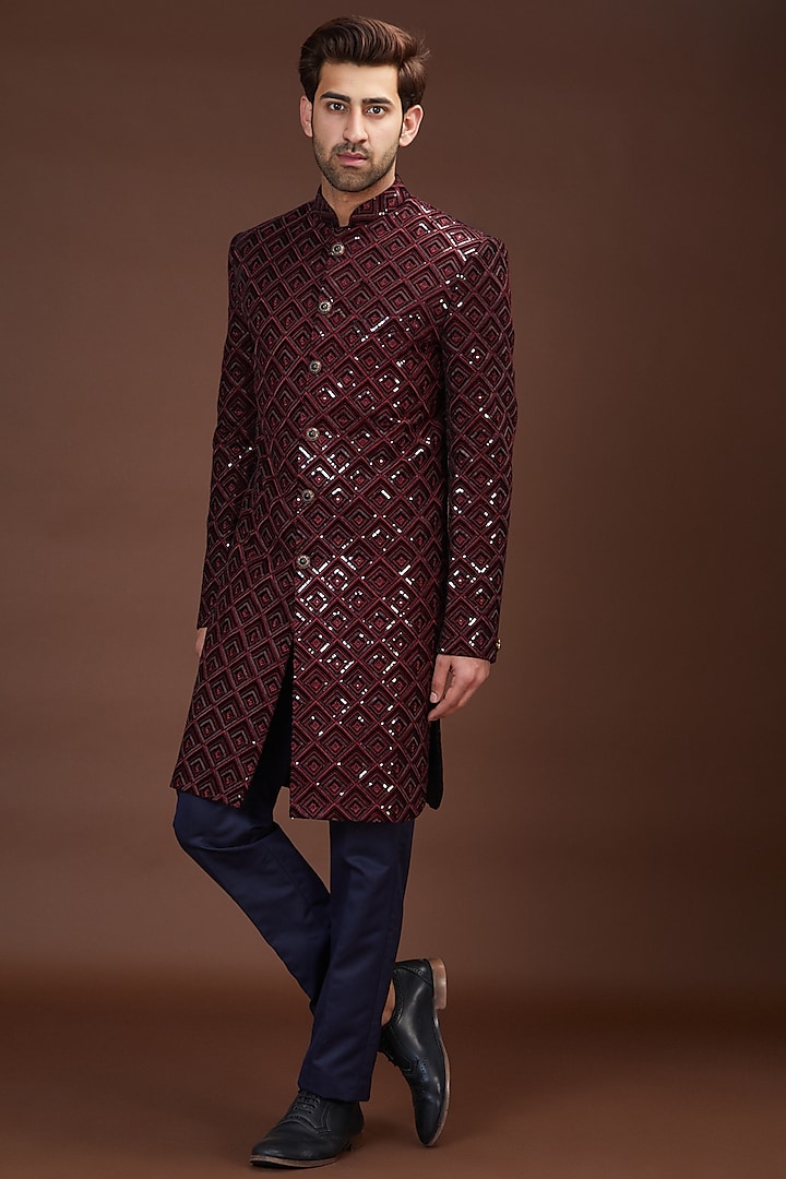 Maroon Velvet Thread Embroidered Indowestern Jacket By Kasbah Clothing
