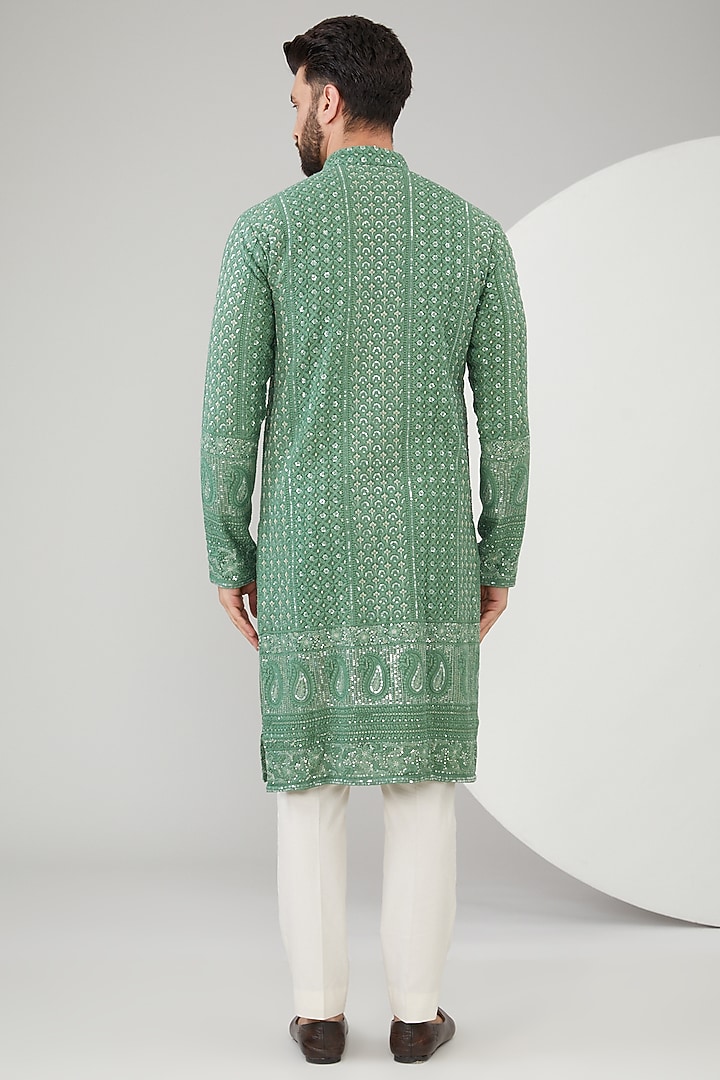 English Mint Green Georgette Thread Embroidered Chikankari Kurta by ...