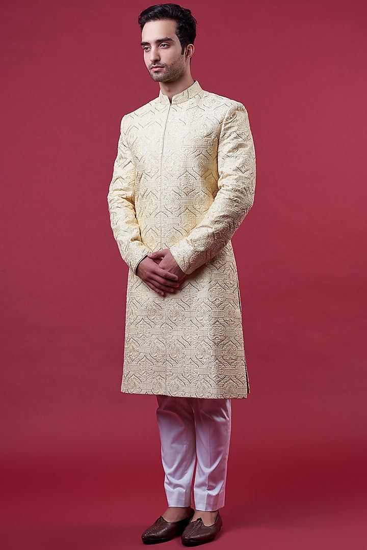 Cream Silk Embroidered Wedding Sherwani By Kasbah Clothing At Pernias