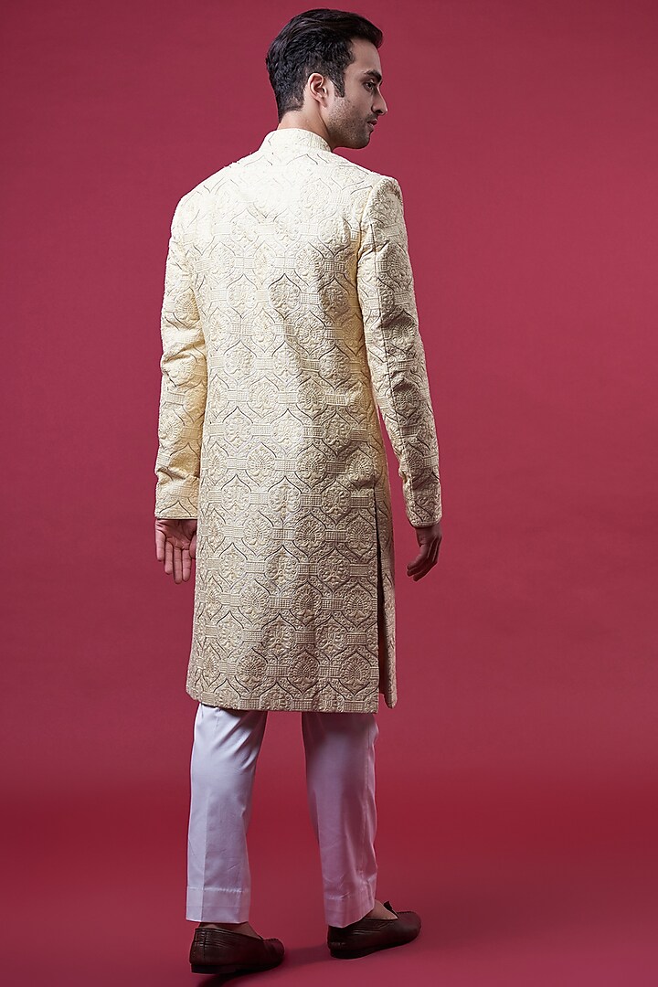 Cream Silk Embroidered Wedding Sherwani By Kasbah Clothing At Pernias