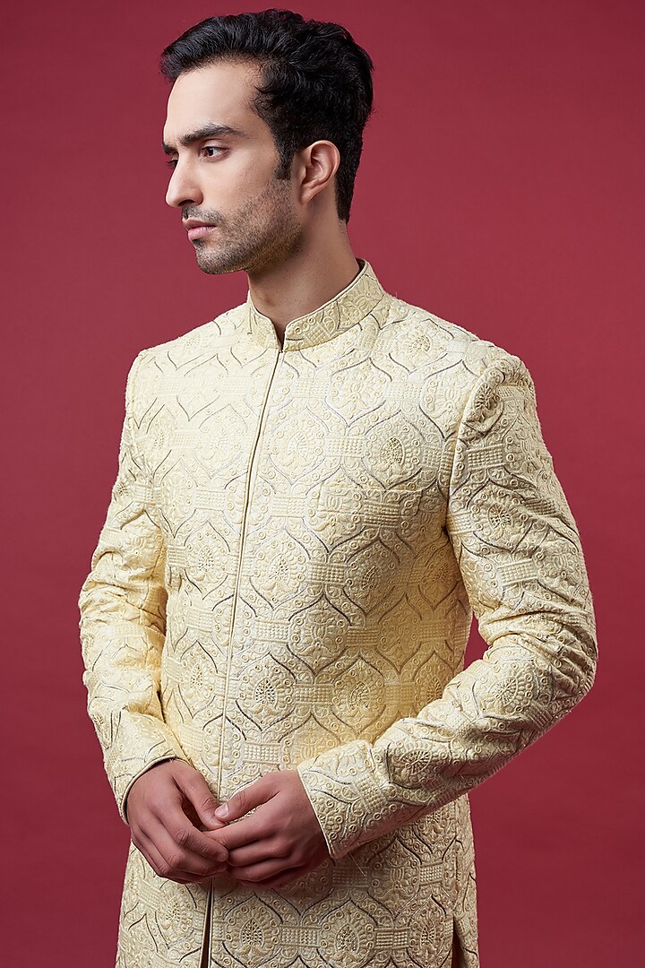 Cream Silk Embroidered Wedding Sherwani By Kasbah Clothing At Pernias