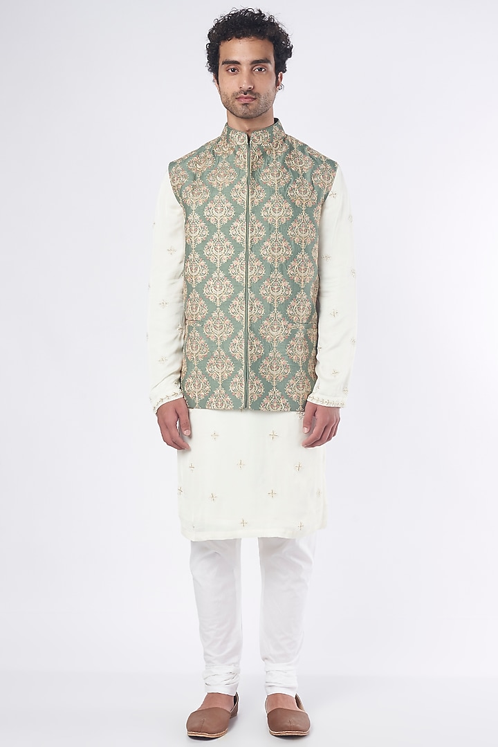 Mehndi Green Silk Embroidered Bundi Jacket Design by Kasbah Clothing at ...