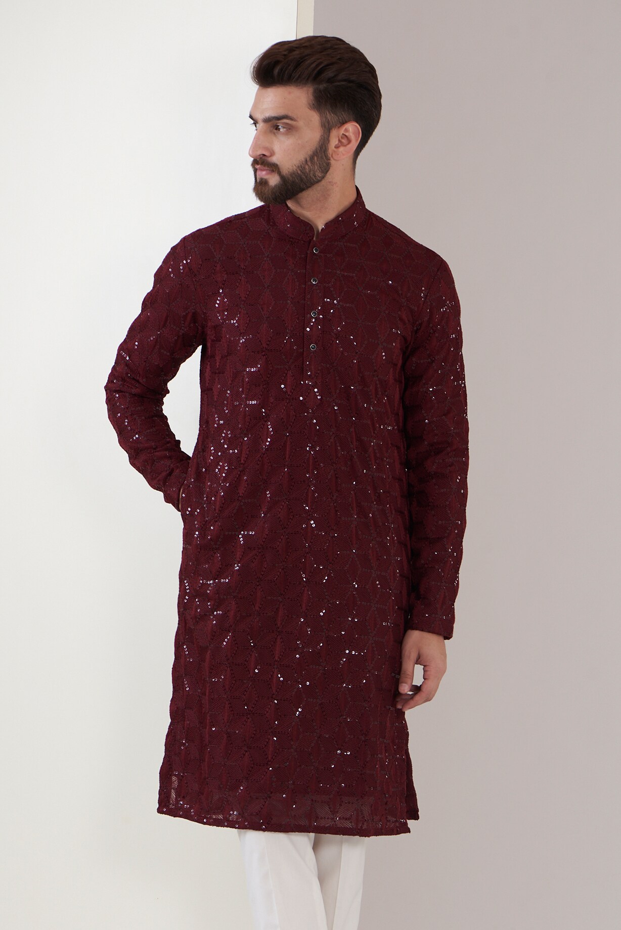 Buy Kasbah Clothing Maroon Georgette Embroidered Kurta At Pernia
