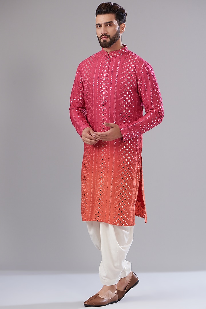 Hot Pink Ombre Silk Embroidered Kurta Set by Kasbah Clothing at Pernia ...