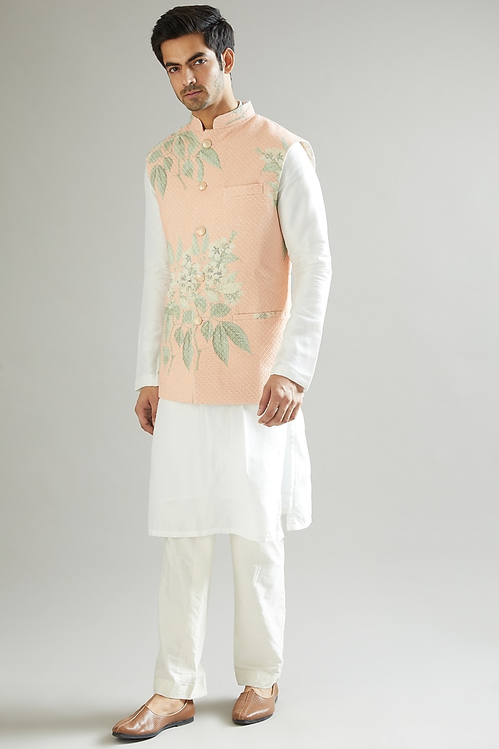 Peach Embroidered Nehru Jacket Design by Kasbah Clothing at Pernia's ...
