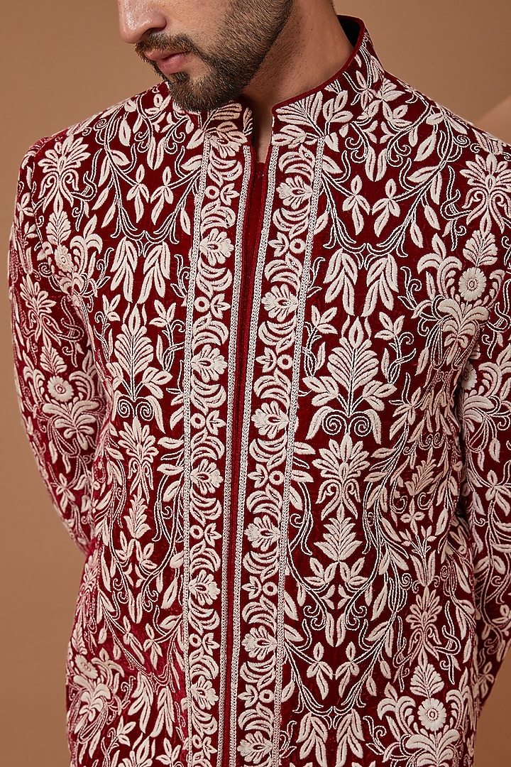 Maroon Velvet Thread Embroidered Jamawar Sherwani Design By Kasbah Clothing At Pernias Pop Up