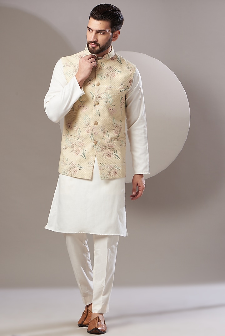 Cream Pista Embroidered Nehru Jacket By Kasbah Clothing At Pernias Pop