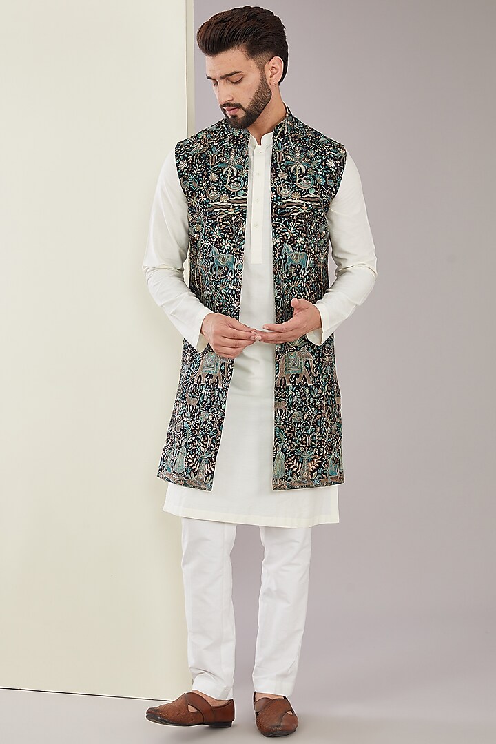 Black Georgette Kashmiri Thread Embroidered Indo Western Jacket By