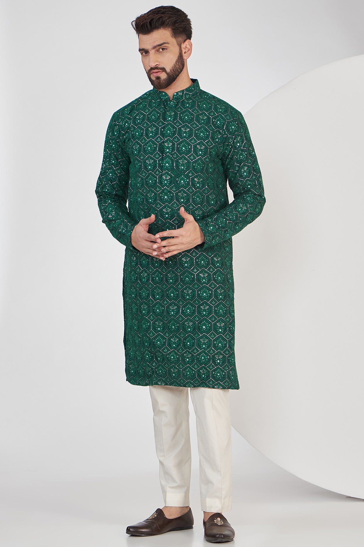 Bottle Green Georgette Thread Embroidered Chikankari Kurta by Kasbah ...