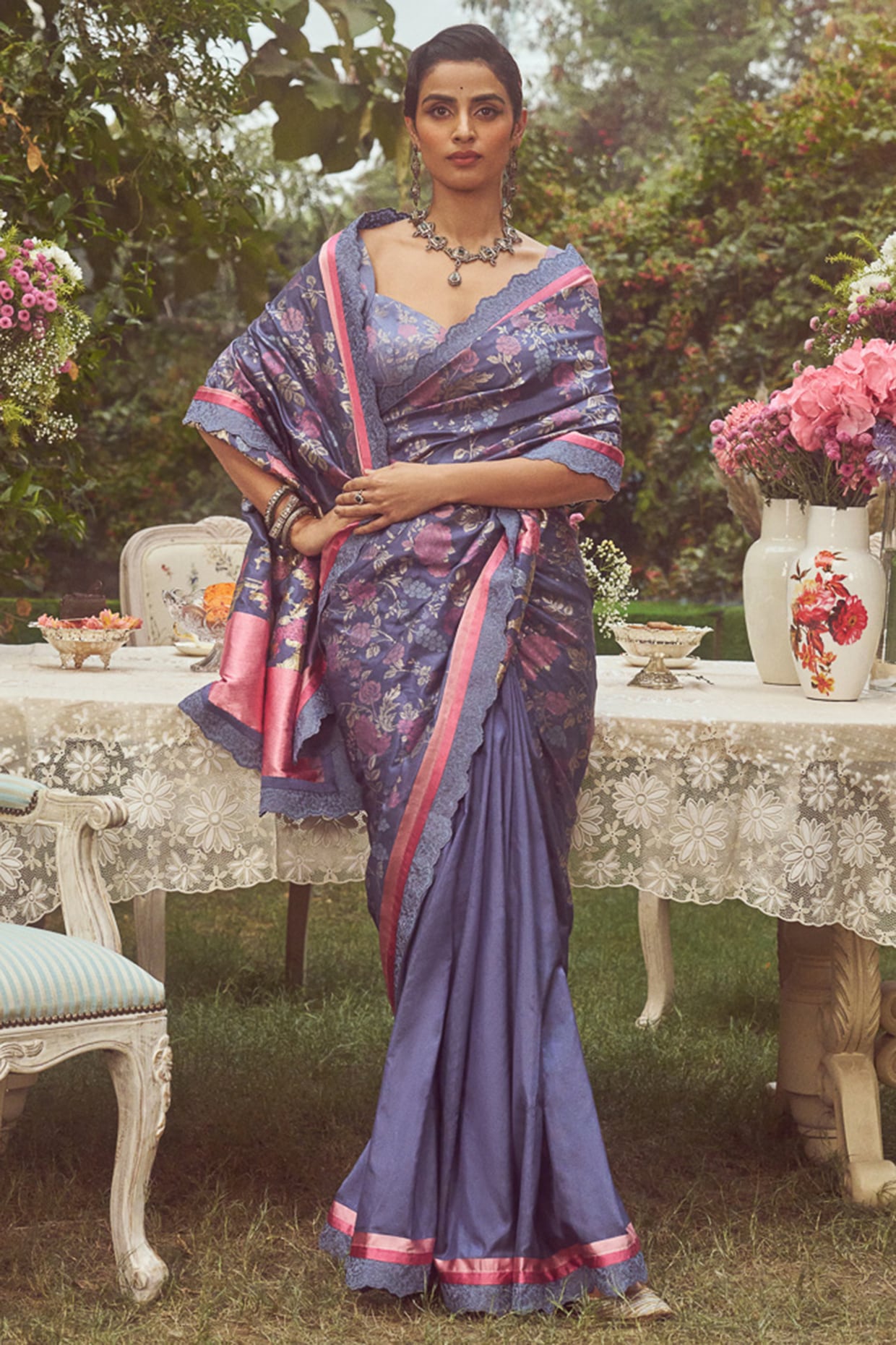 Blue Katan Silk Lace Aari Work Banarasi Handloom Saree Set by Kasturi ...