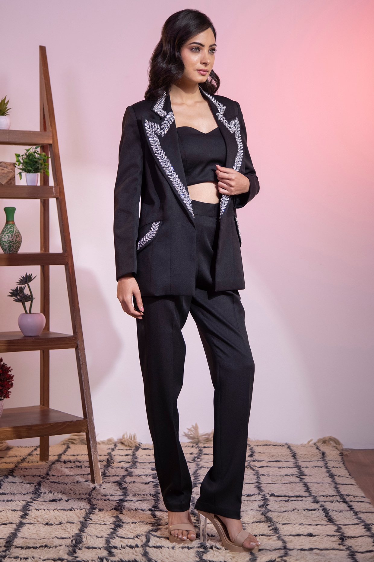 Black Banana Crepe Swarovski Hand Embroidered Blazer Set by KANIKA VERMA at Pernia's Pop Up Shop ...