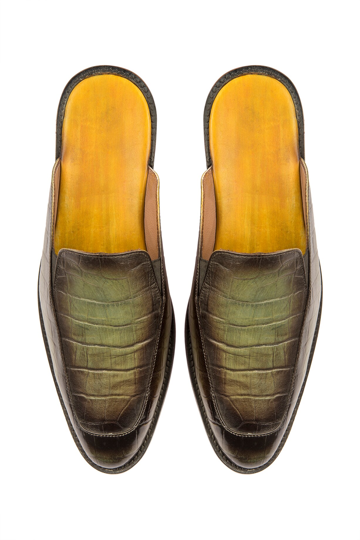 Olive Green Mules With Burnish Tone by Kavith at Pernia's Pop Up Shop 2024