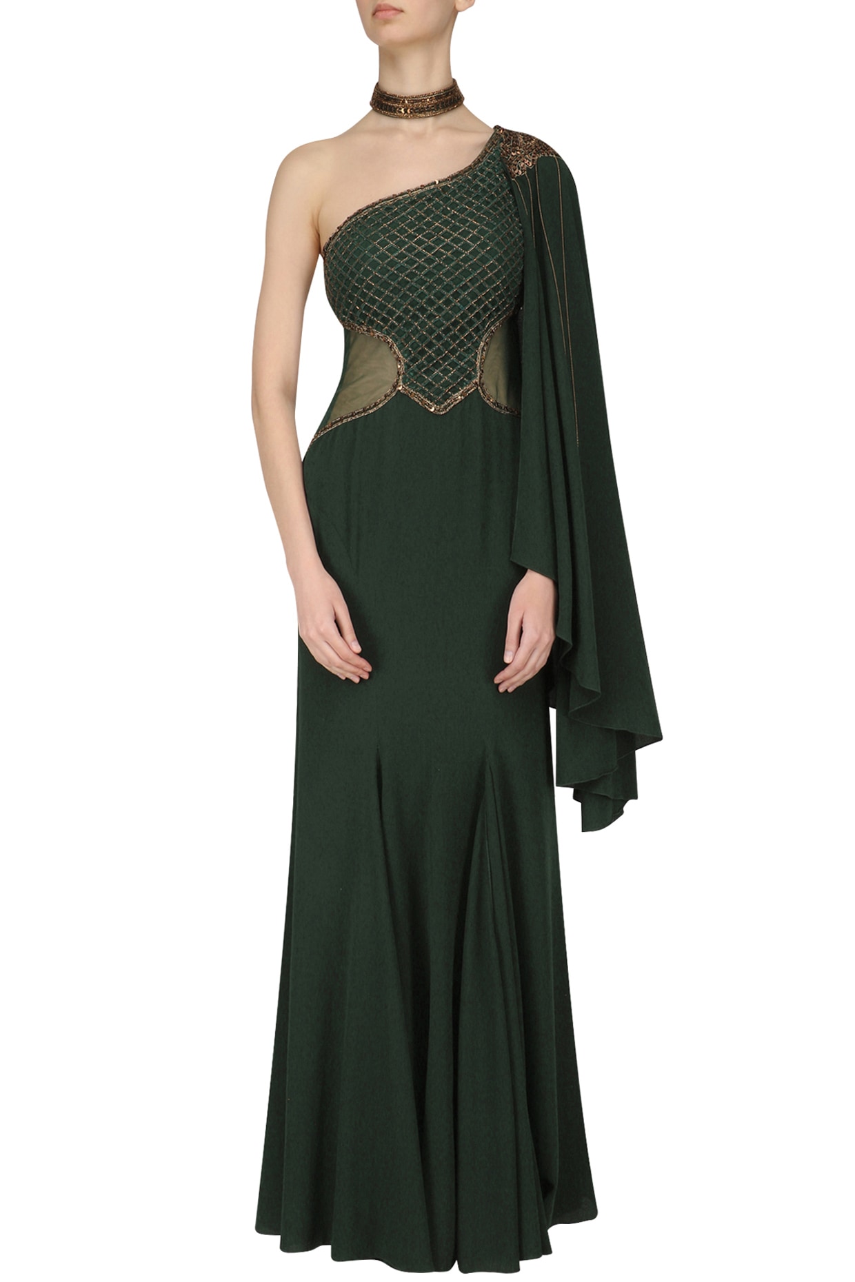 Green jaal embroidered one side cape gown available only at Pernia's ...