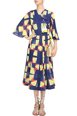 Navy blue clamp dyed crossover style calf length dress available only ...