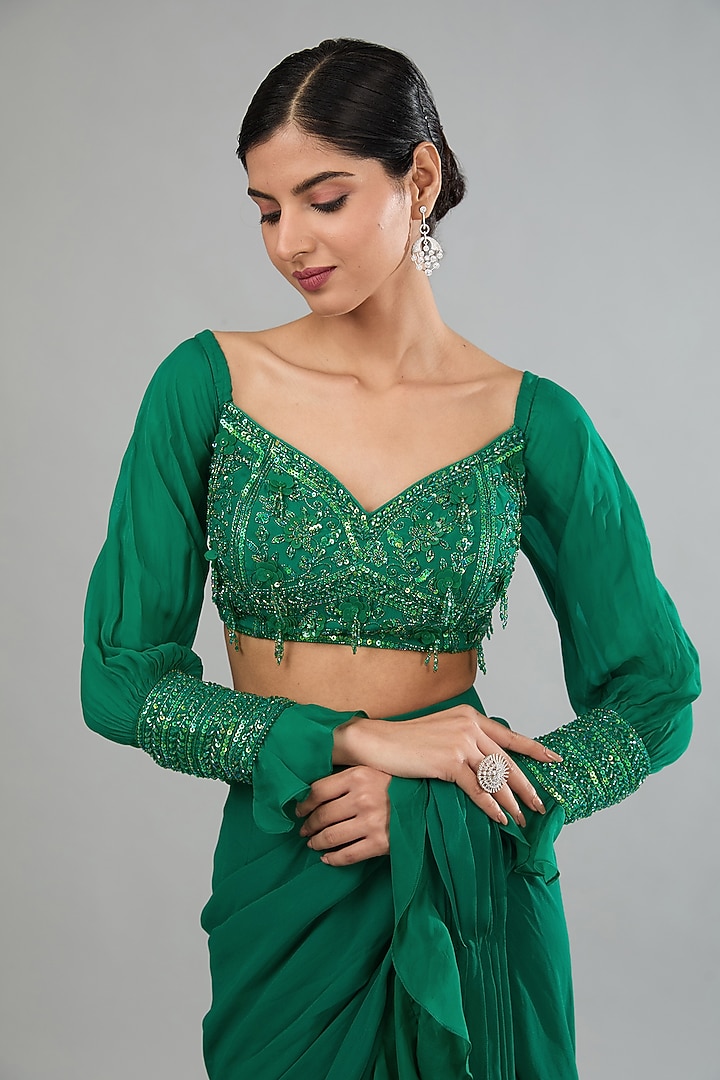 Emerald Green Georgette Draped Ruffled Saree Set by Kapda Dori at ...