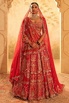 Red Pure Silk Nakshi & Dabka Embroidered Bridal Lehenga Set by Kapda ...