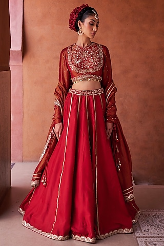 Deep Maroon Upada Silk Resham Embroidered Wedding Lehenga Set by Kapda ...