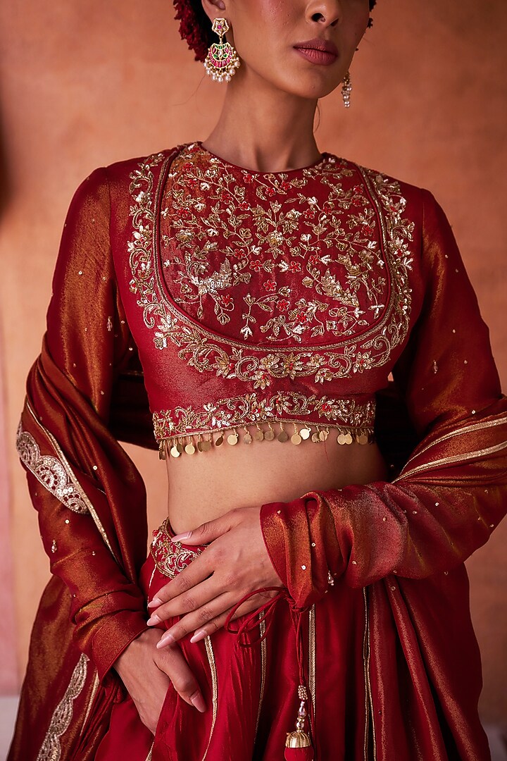 Deep Maroon Upada Silk Resham Embroidered Wedding Lehenga Set by Kapda ...