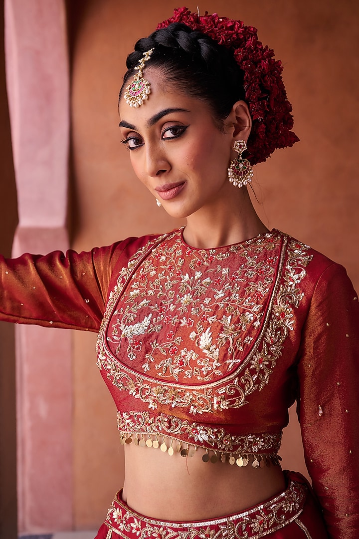 Deep Maroon Upada Silk Resham Embroidered Wedding Lehenga Set by Kapda ...