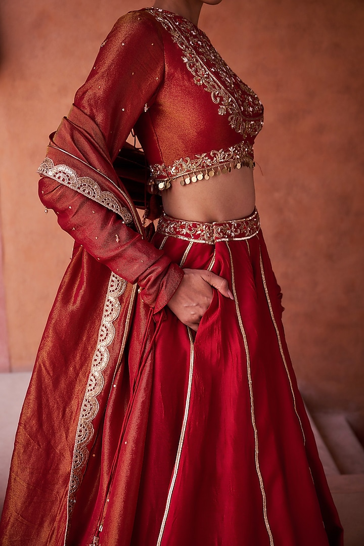 Deep Maroon Upada Silk Resham Embroidered Wedding Lehenga Set by Kapda ...