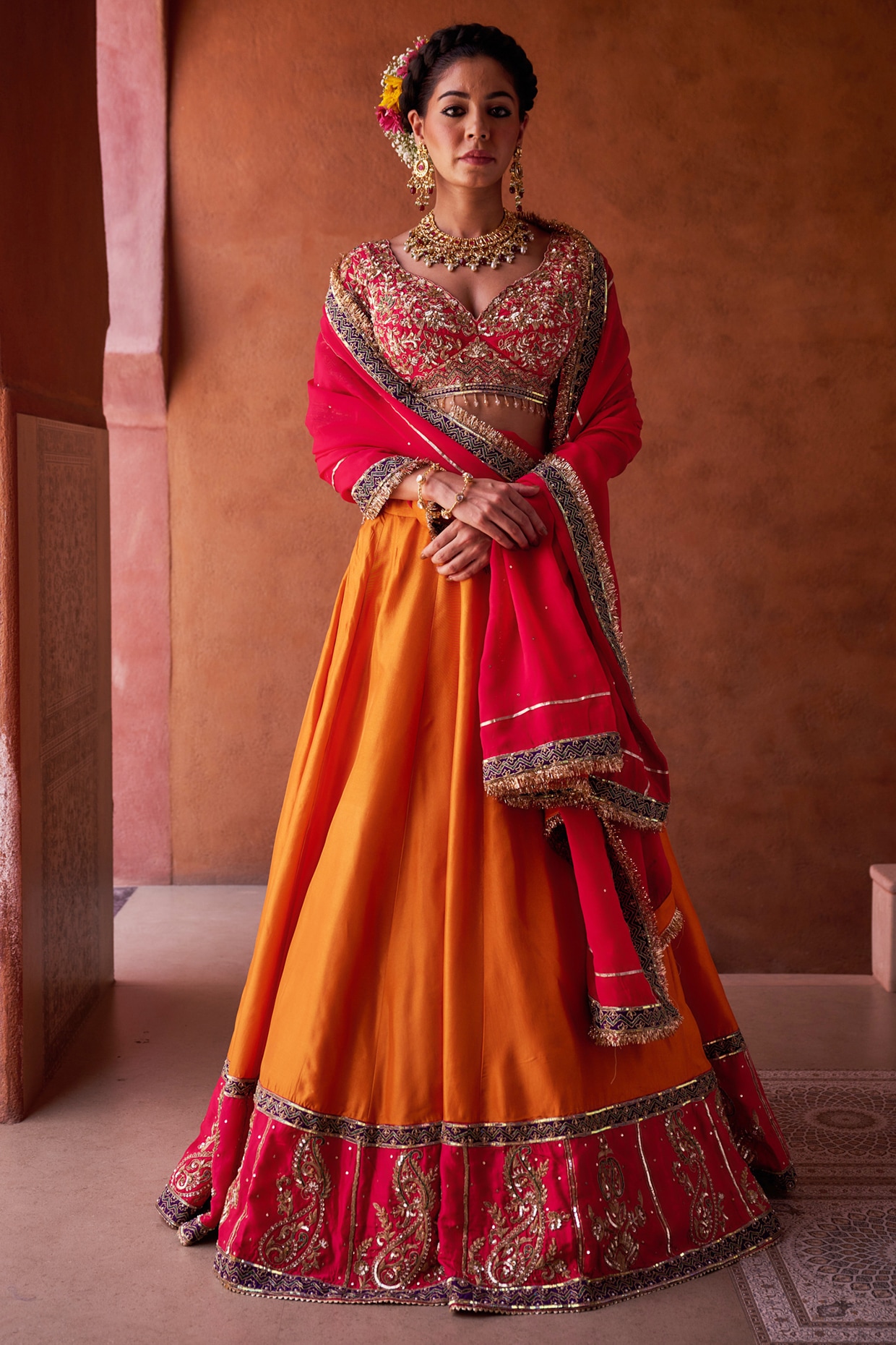 Rust Orange Upada Silk Bead Embroidered Wedding Lehenga Set by Kapda ...