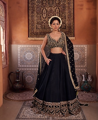 Black Upada Silk Cutdana Embroidered Wedding Lehenga Set by Kapda Dori ...