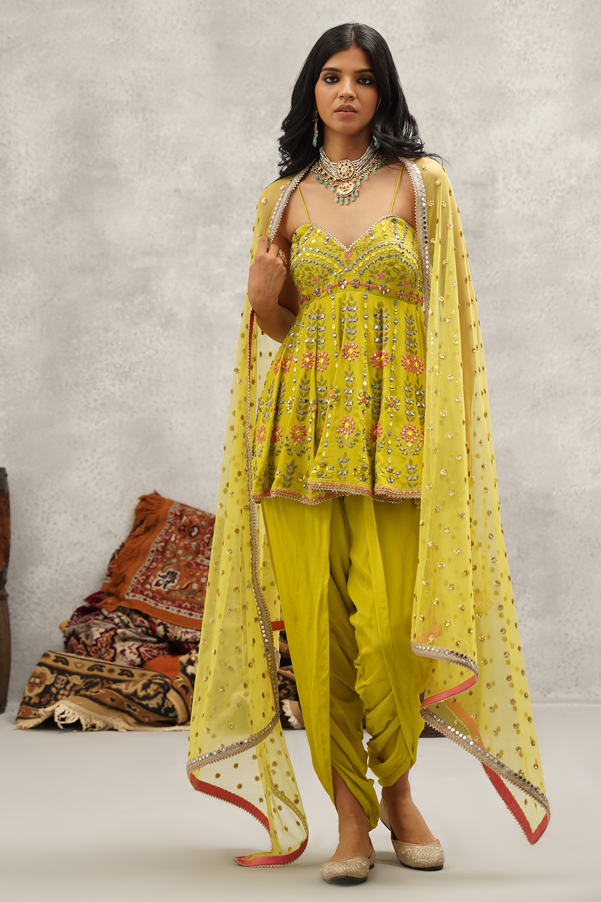 Lime Green Crepe Hand Embroidered Peplum Kurta Set by Kapda Dori at ...