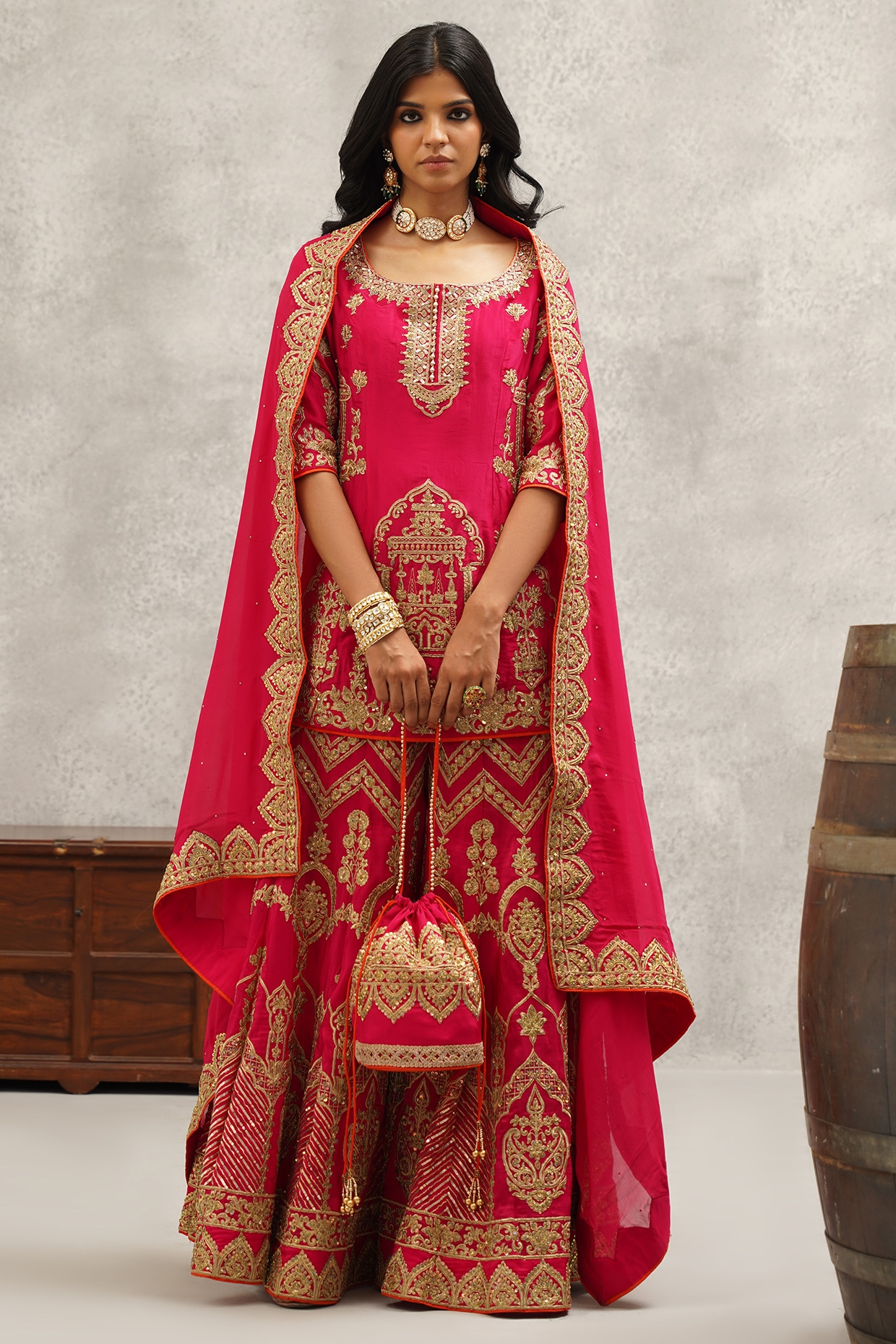 Fuchsia Upada Silk Hand & Machine Embroidered Kurta Set by Kapda Dori ...